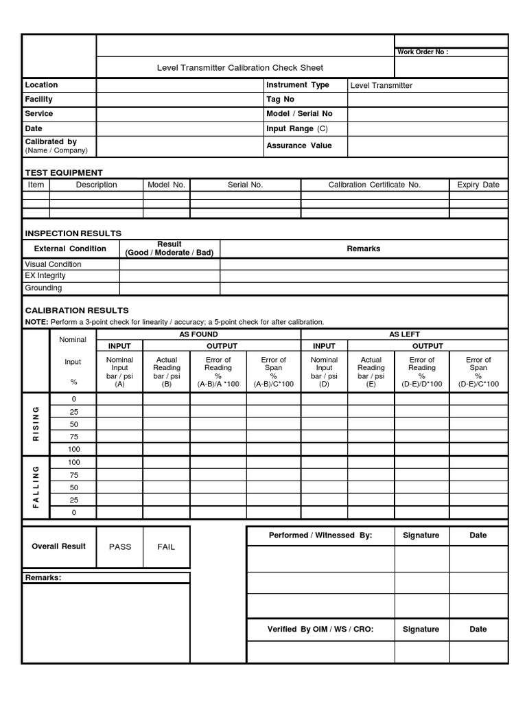 Level Transmitter Calibration Check Sheet: Test Equipment | Download ...