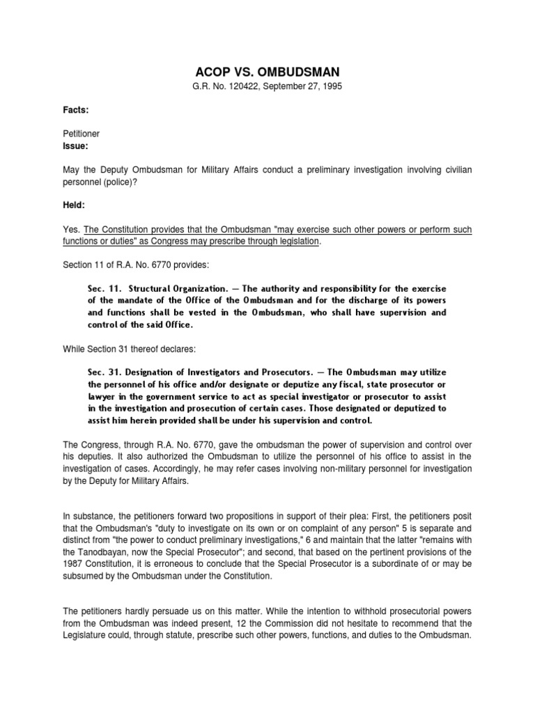 Acop-Ombudsman (Military Deputy) | PDF | Prosecutor | Constitution