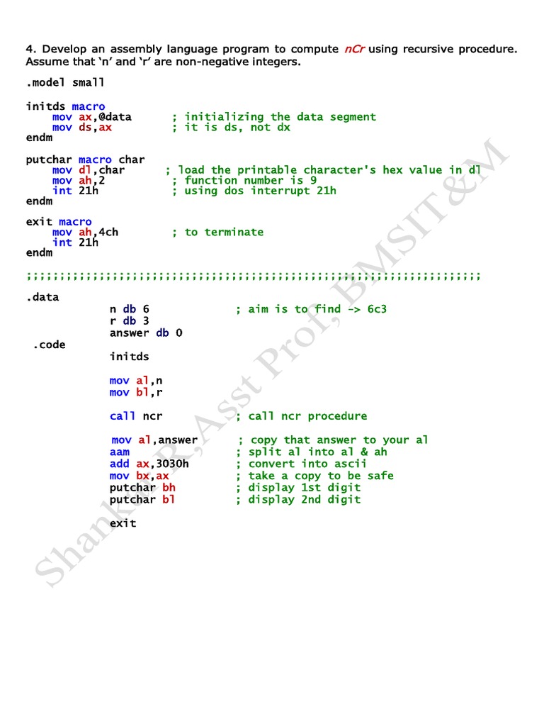 Assembly Language for nCr Calculation | PDF