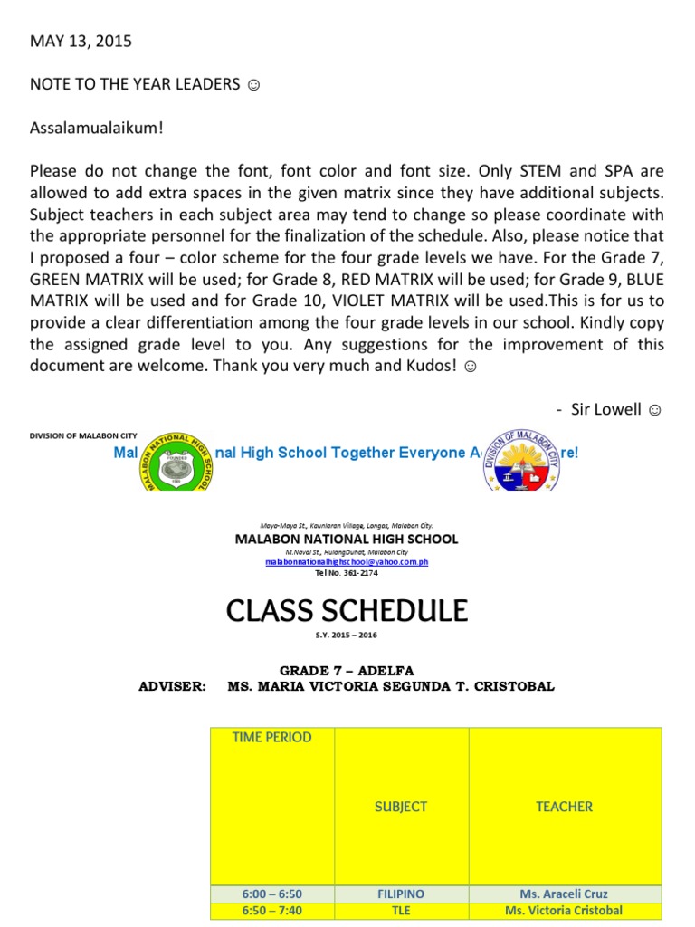 Class Schedule Grade 7 10 | PDF | Teaching Mathematics