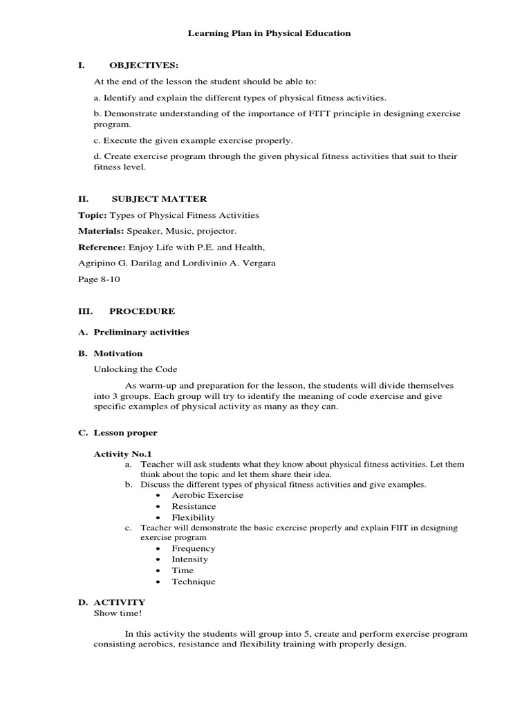 Physical Fitness Lesson Plan for P5 | PDF | Physical Fitness | Physical ...