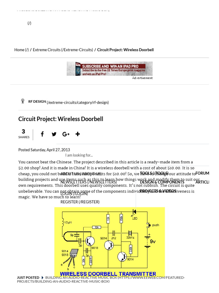 Circuit Project - Wireless Doorbell - EEWeb Community | PDF | Electronic Oscillator | Inductor
