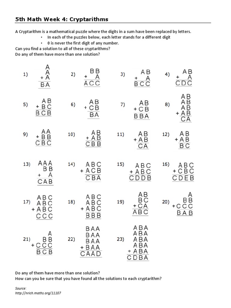 5th Math Enrichment Week 4 - Cryptarithms | PDF | Teaching Mathematics ...