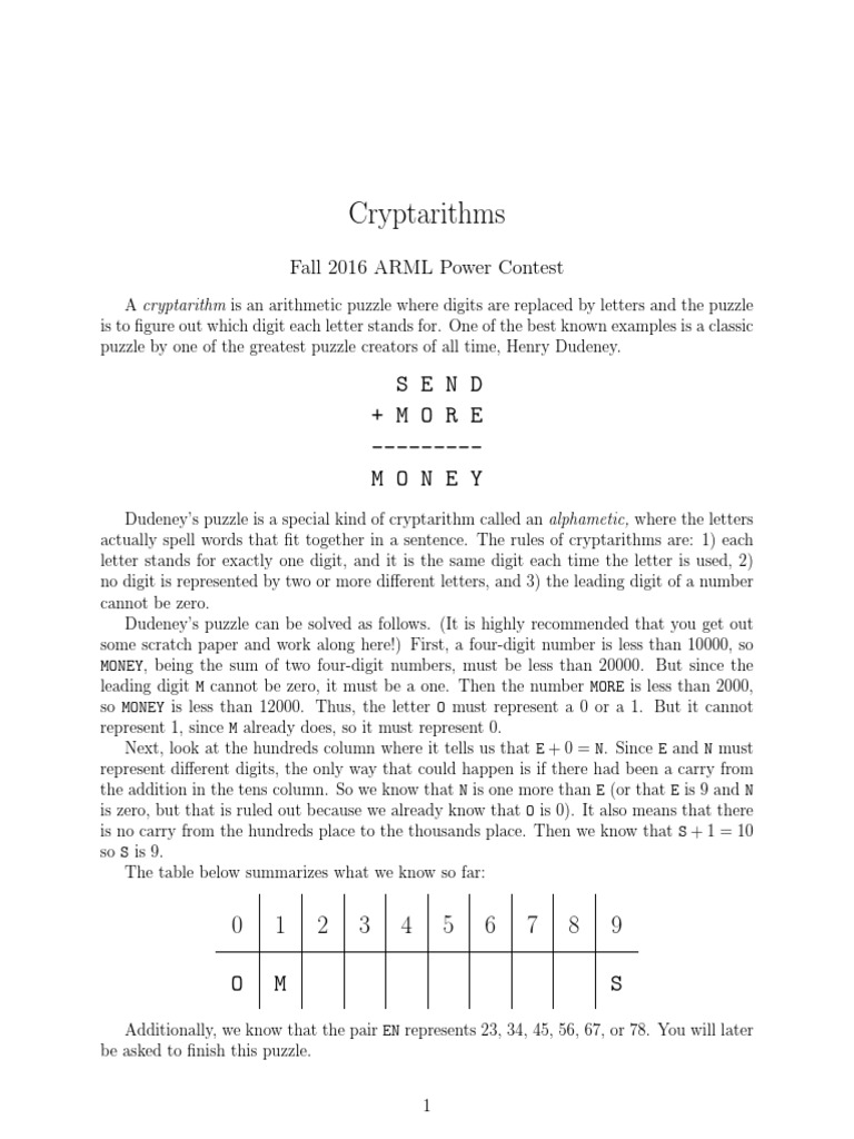 Cryptarithms: Send +more - Money | PDF | Teaching Mathematics
