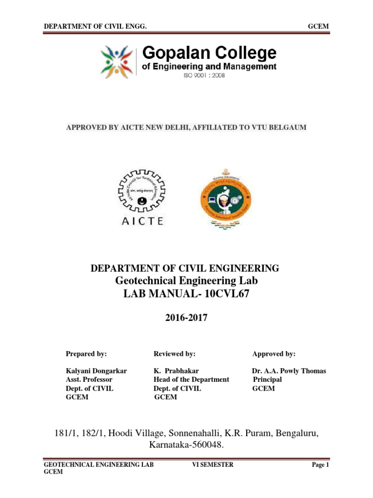 Geotechnical Engineering Lab Lab Manual-10Cvl67: Department of Civil Engineering | PDF | Density ...