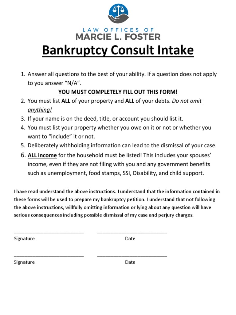 Bankruptcy Consultation Intake Form | PDF | Deposit Account | Bankruptcy
