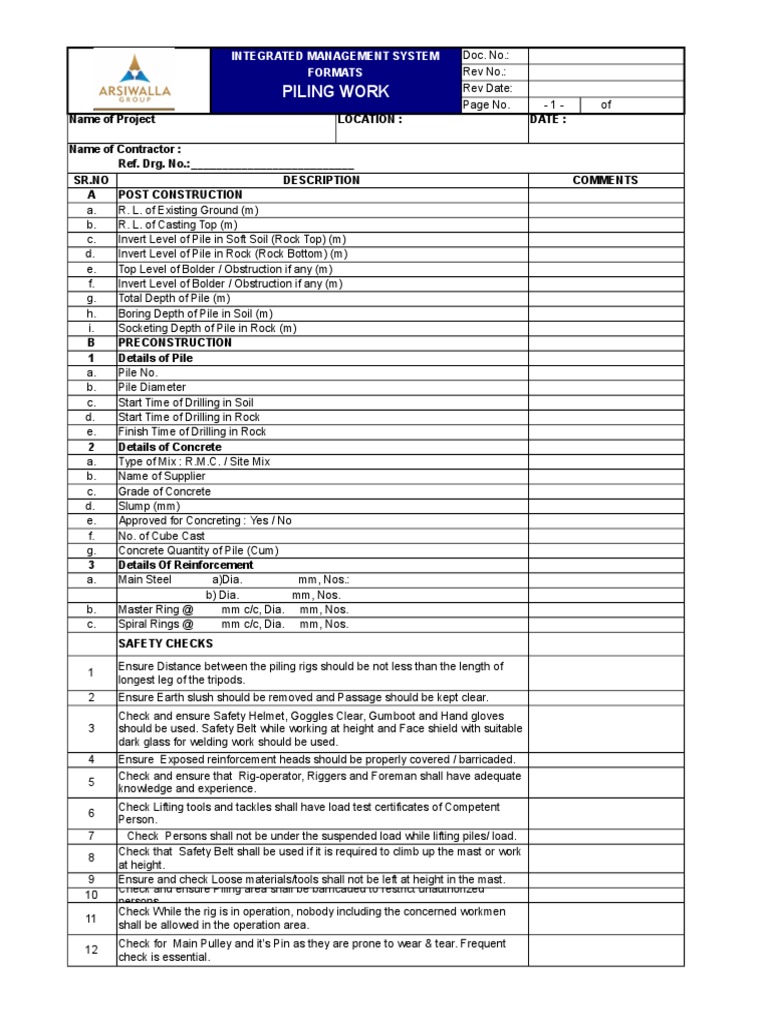 Checklist Piling Work .Pile Construction | PDF | Deep Foundation | Infrastructure