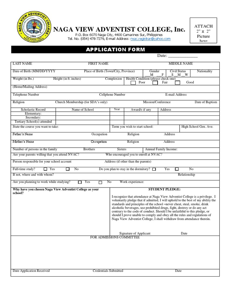 NAGA VIEW ADVENTIST COLLEGE Application Form | PDF | Seventh Day ...