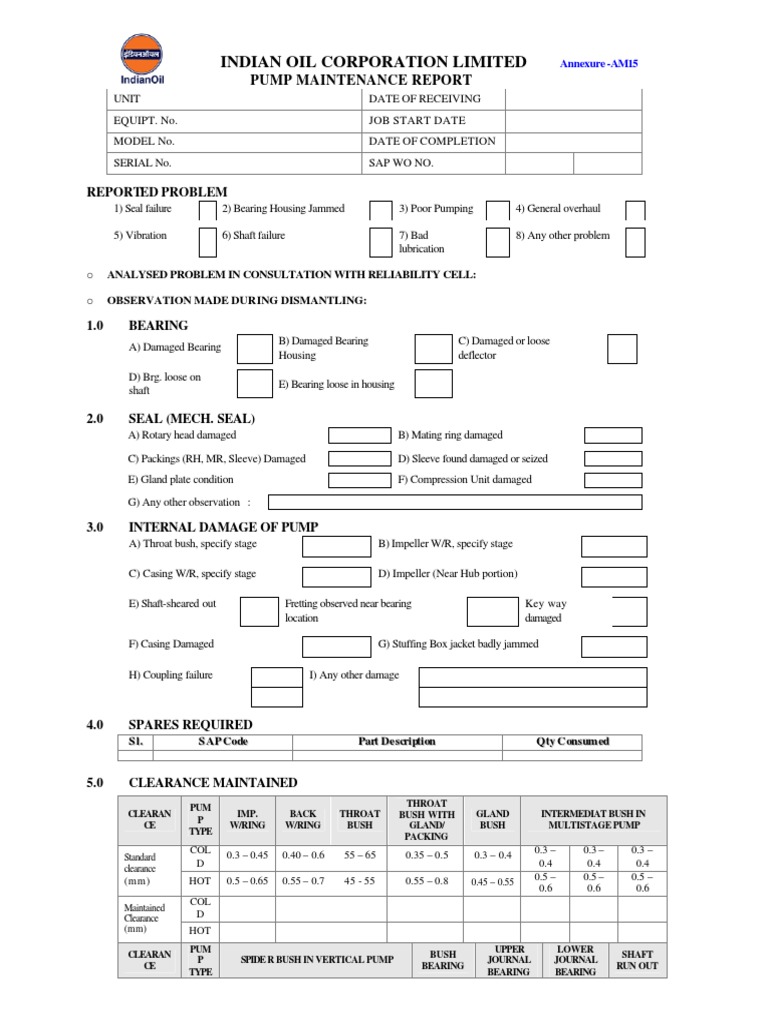 (Am-15) Format For Pump Maint Report | PDF | Bearing (Mechanical) | Pump