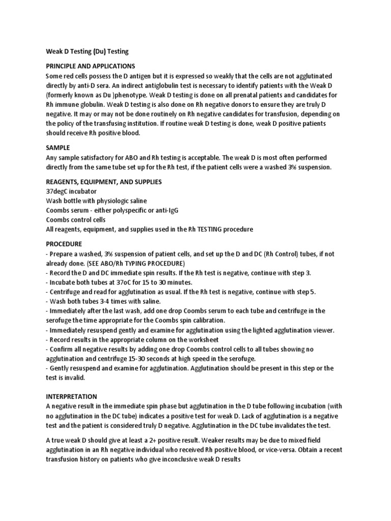Weak D Testing (Du) Testing Principle and Applications | PDF | Clinical ...