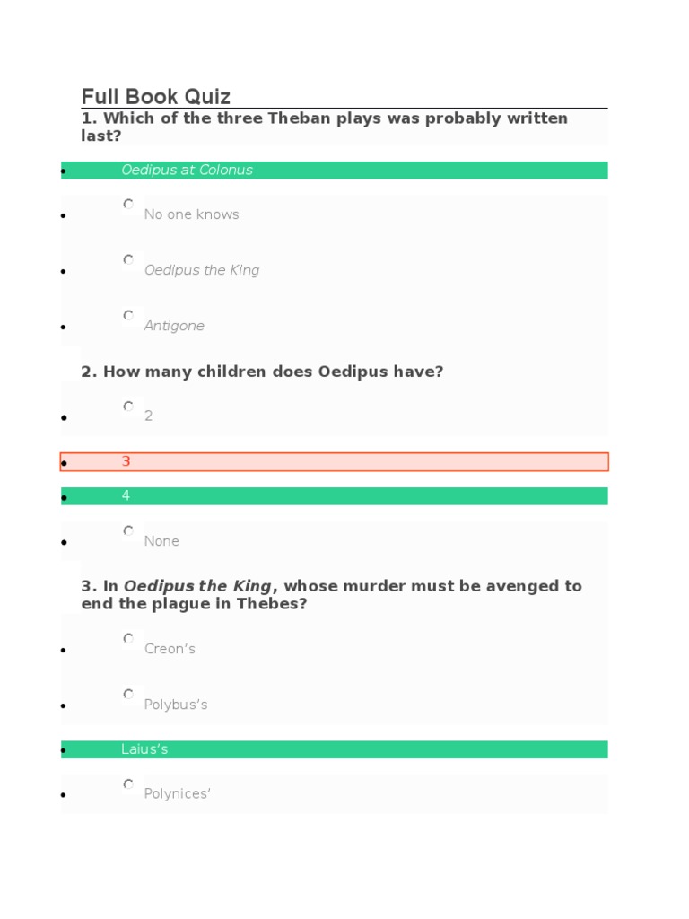 Oedipus Rex Full Book Quiz | PDF | Oedipus | Sophocles