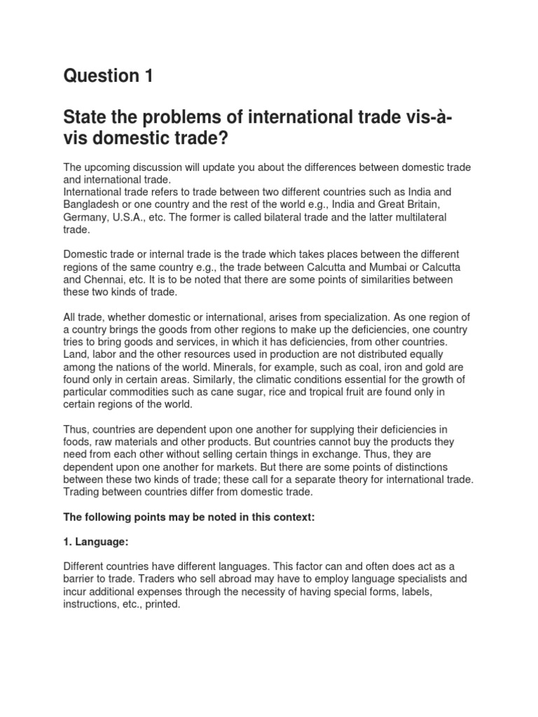 State The Problems of International Trade Vis-À-Vis Domestic Trade ...