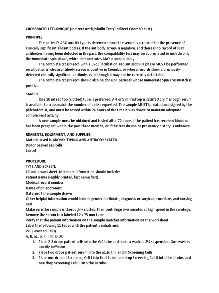 Crossmatch Technique Indirect Coombs Anti Globulin Test | PDF | Blood ...