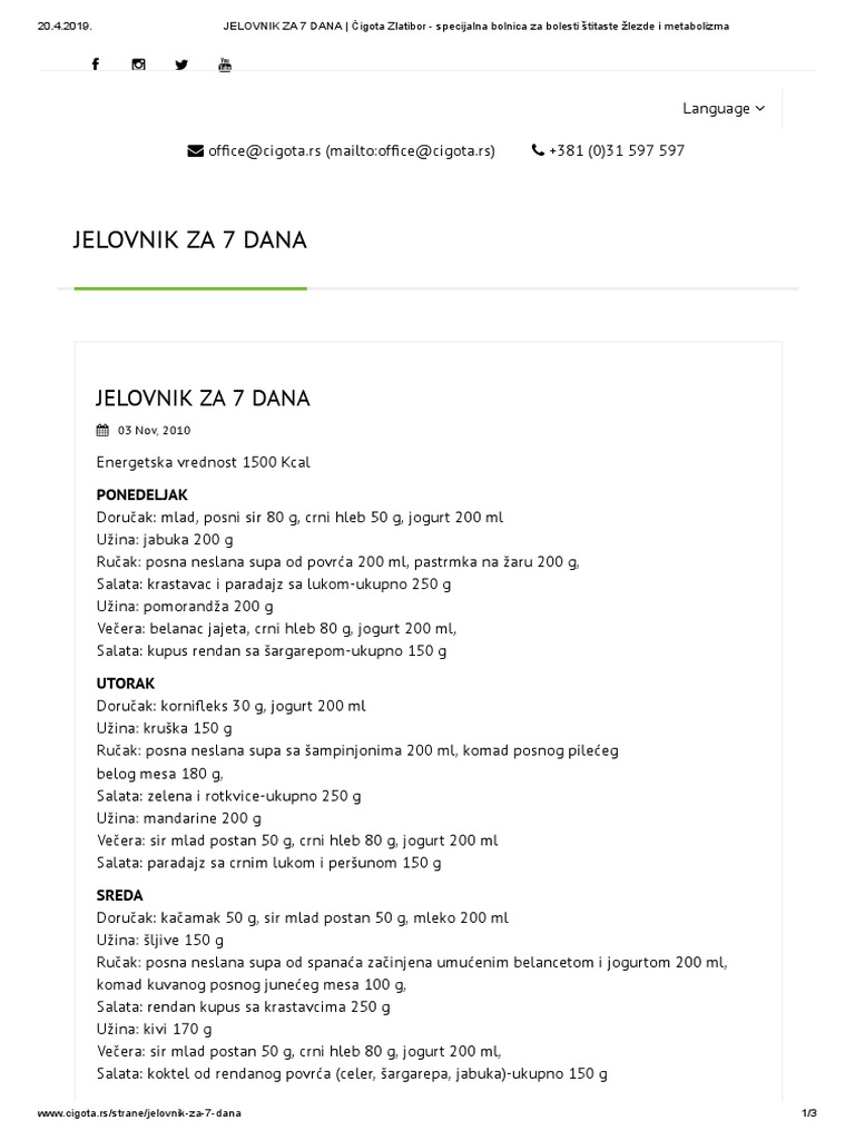 JELOVNIK ZA 7 DANA - Čigota Zlatibor - Specijalna Bolnica Za Bolesti Štitaste Žlezde I ...