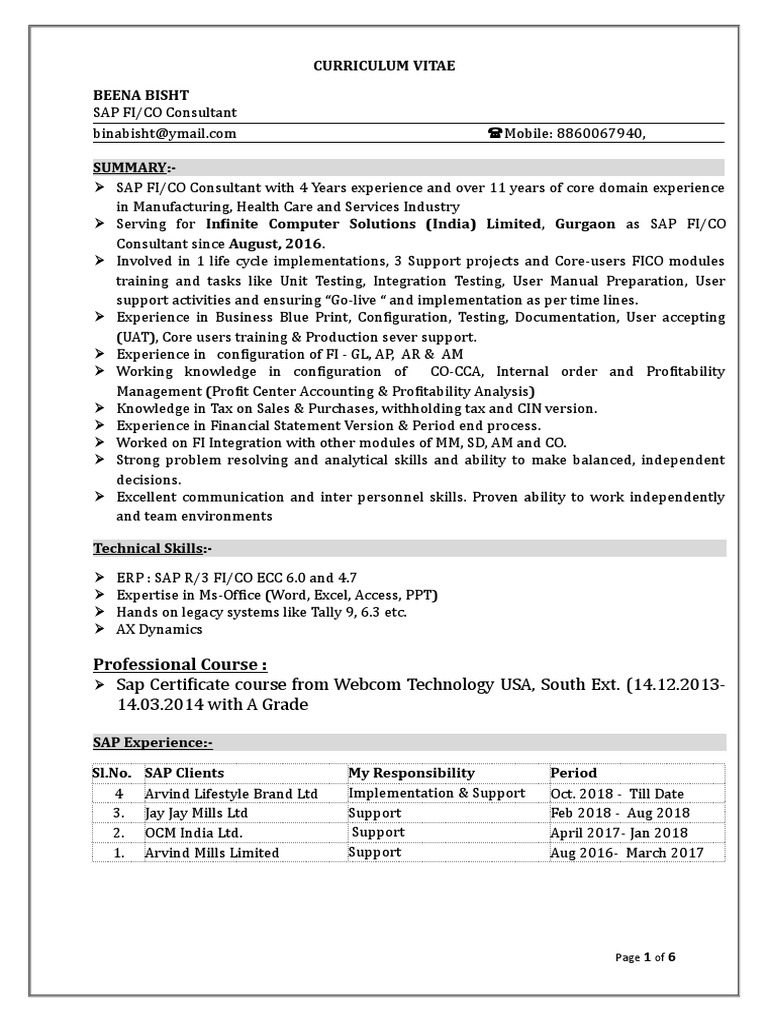 Beena Bisht Resume Sap Fico | PDF | Sap Se | Accounting