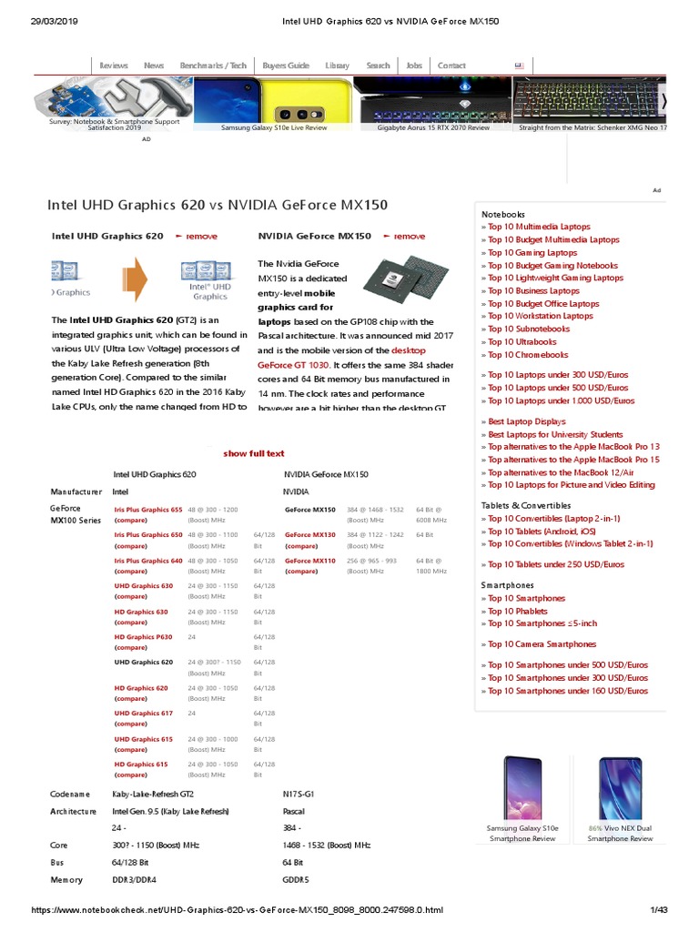 Intel UHD Graphics 620 vs NVIDIA GeForce MX150 | Laptop | Tablet Computer