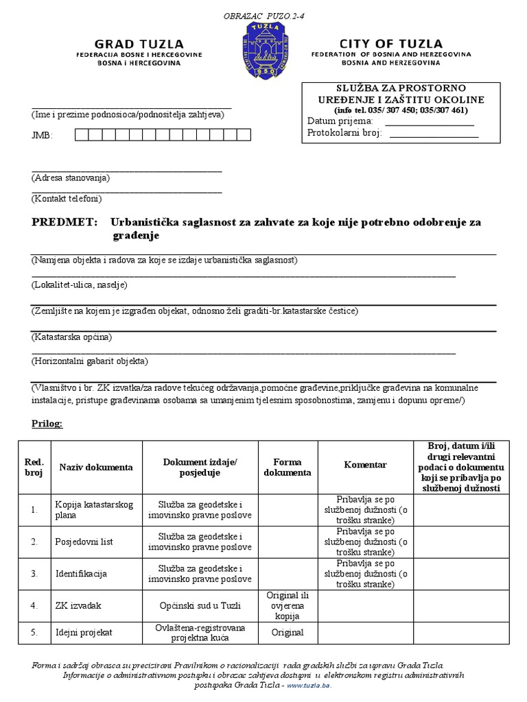 Urbanistička Saglasnost Za Zahvate Za Koje Nije Potrebno Odobrenje Za ...