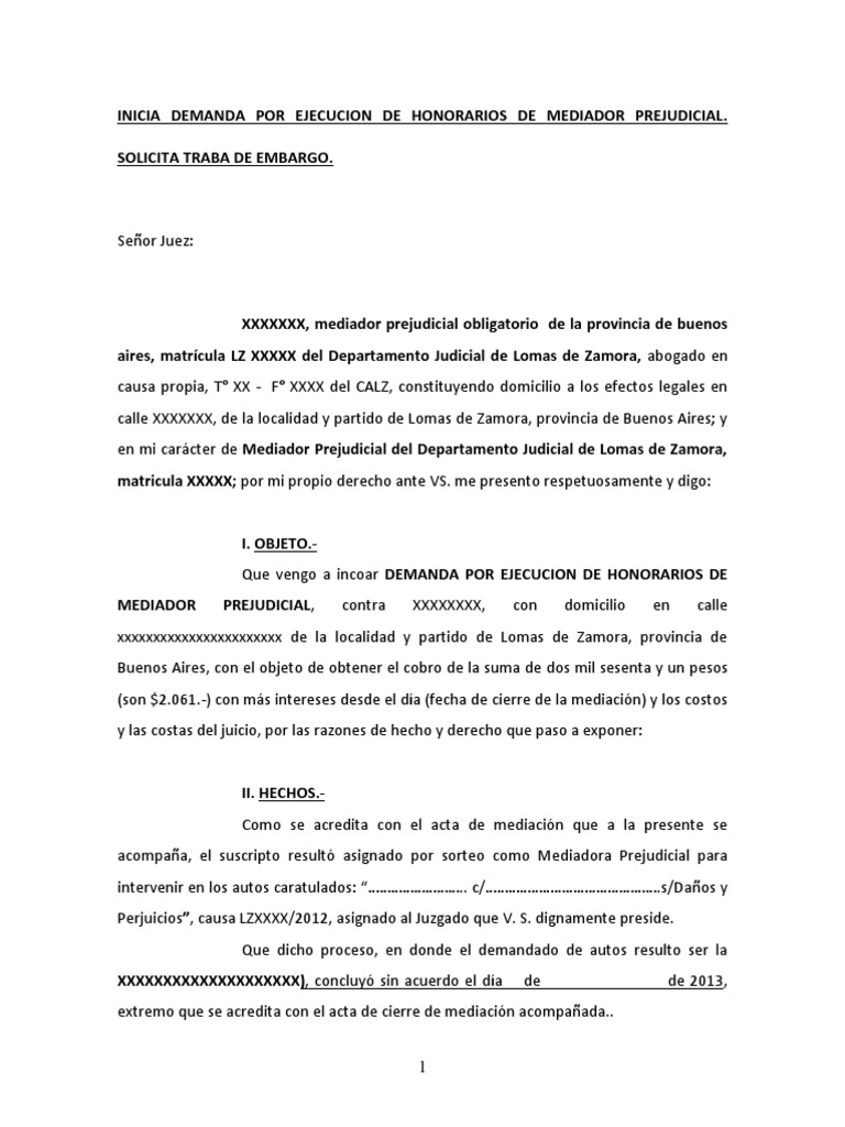 Ejecucion de Honorarios Mediador | PDF | Mediación | Demanda judicial Ejecucion de Honorarios Mediador | PDF | Mediación | Demanda judicial