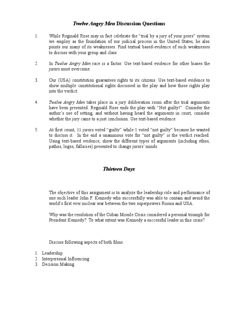 Twelve Angry Men Discussion Questions | PDF