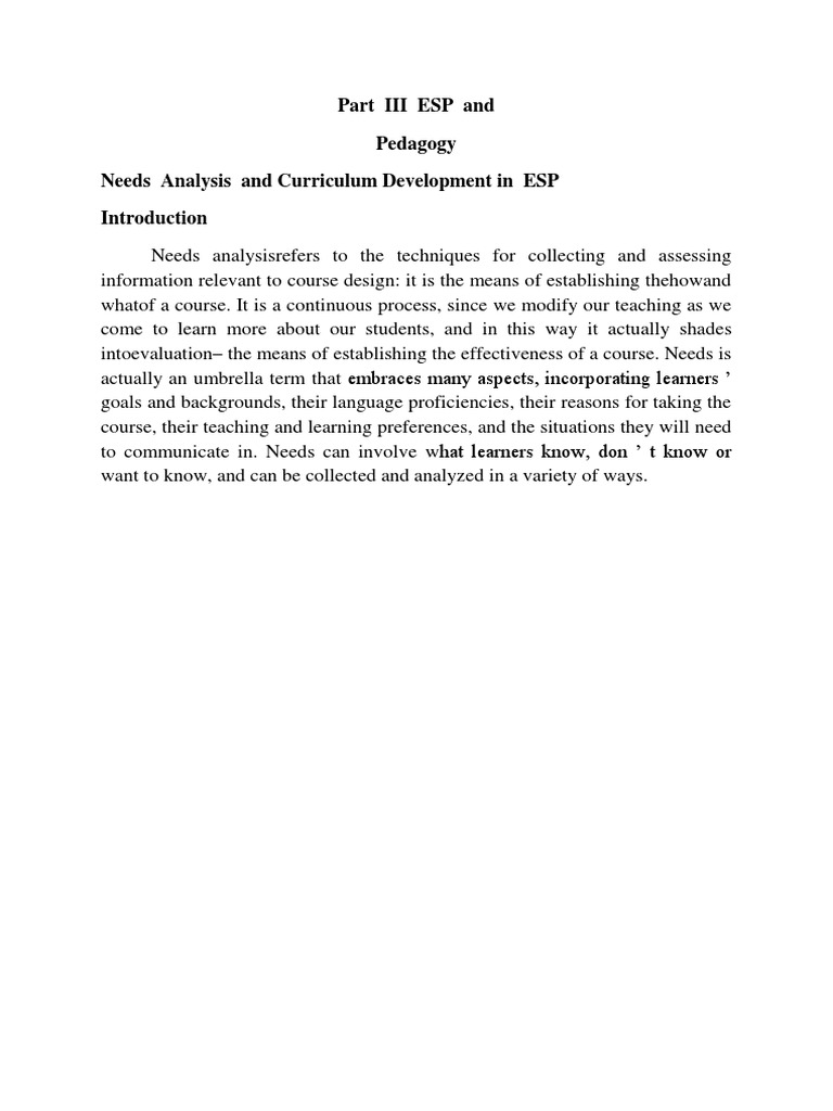 Part Iii Esp and Pedagogy Needs Analysis and Curriculum Development in ESP | PDF | Qualitative ...