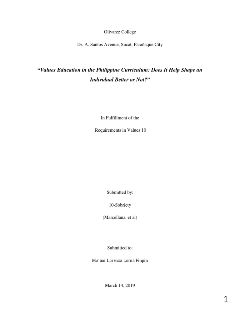 "Values Education in The Philippine Curriculum: Does It Help Shape An ...