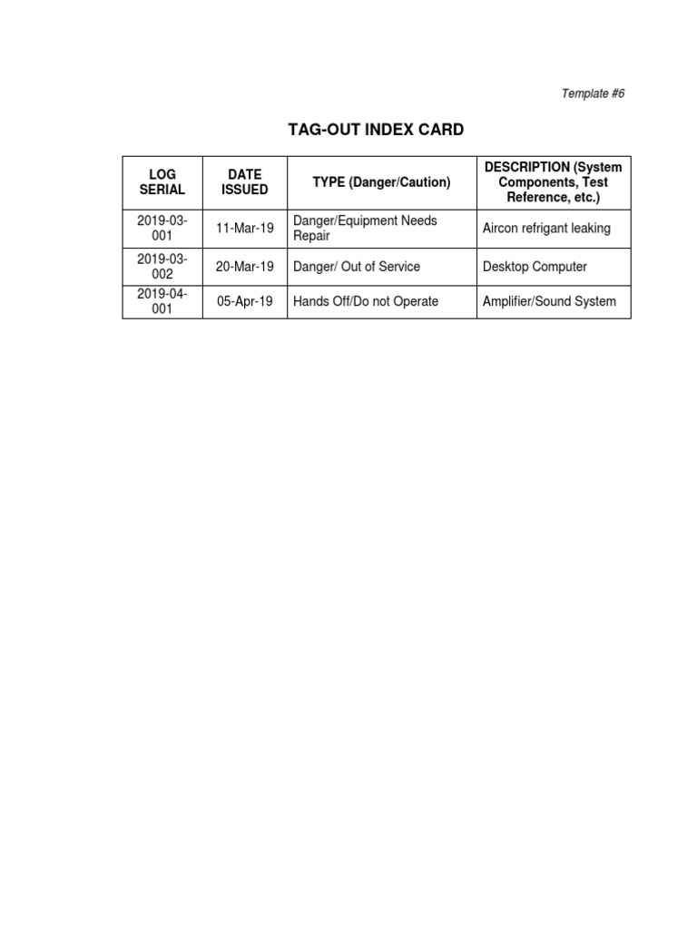Tag-Out Index Card Template | PDF
