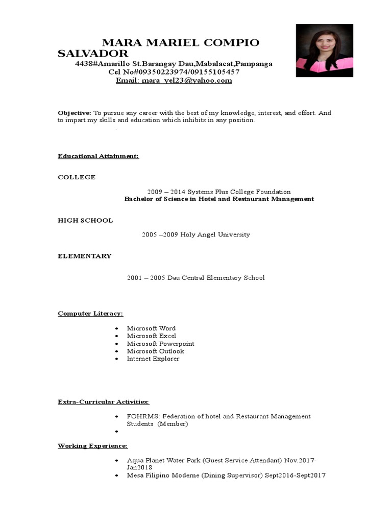 Mara Mariel Compio resume for hospitality roles | PDF | Foods
