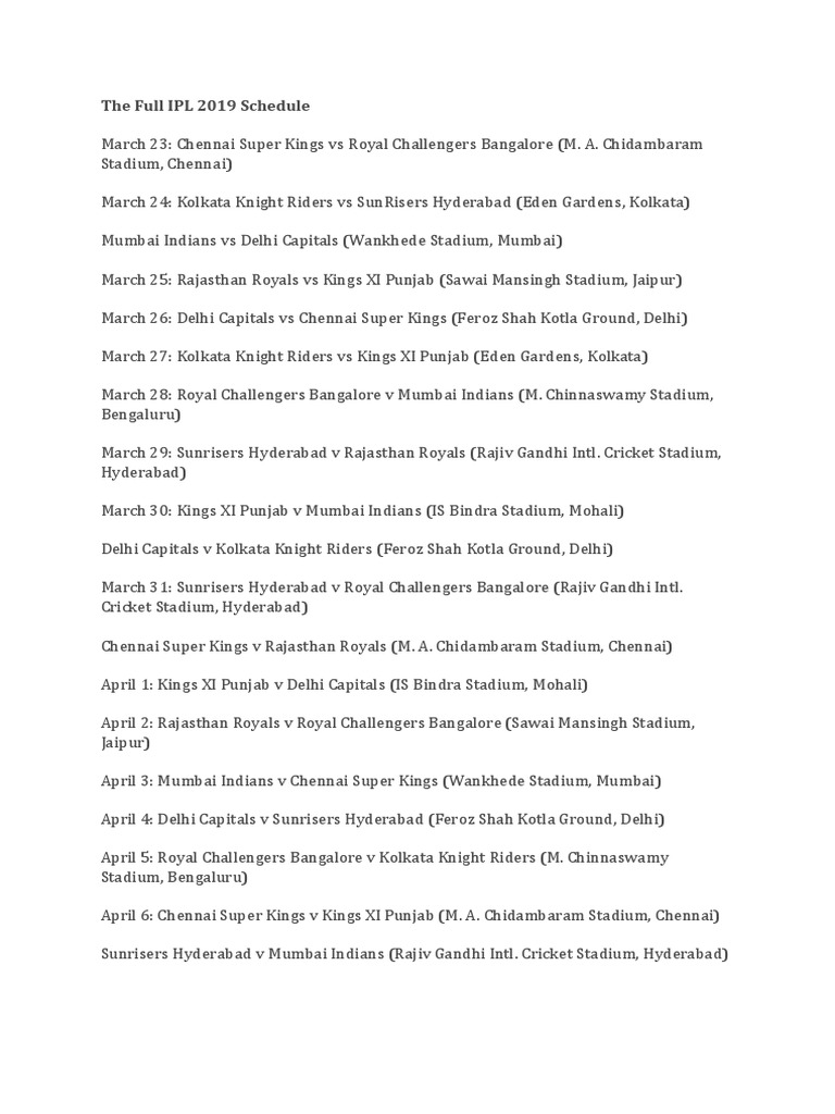 The Full IPL 2019 Schedule | PDF | Cricket Competitions | Cricket