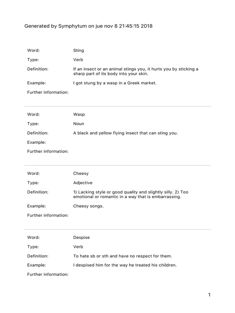 Sting Definition and Examples from Symphytum Word Document | PDF