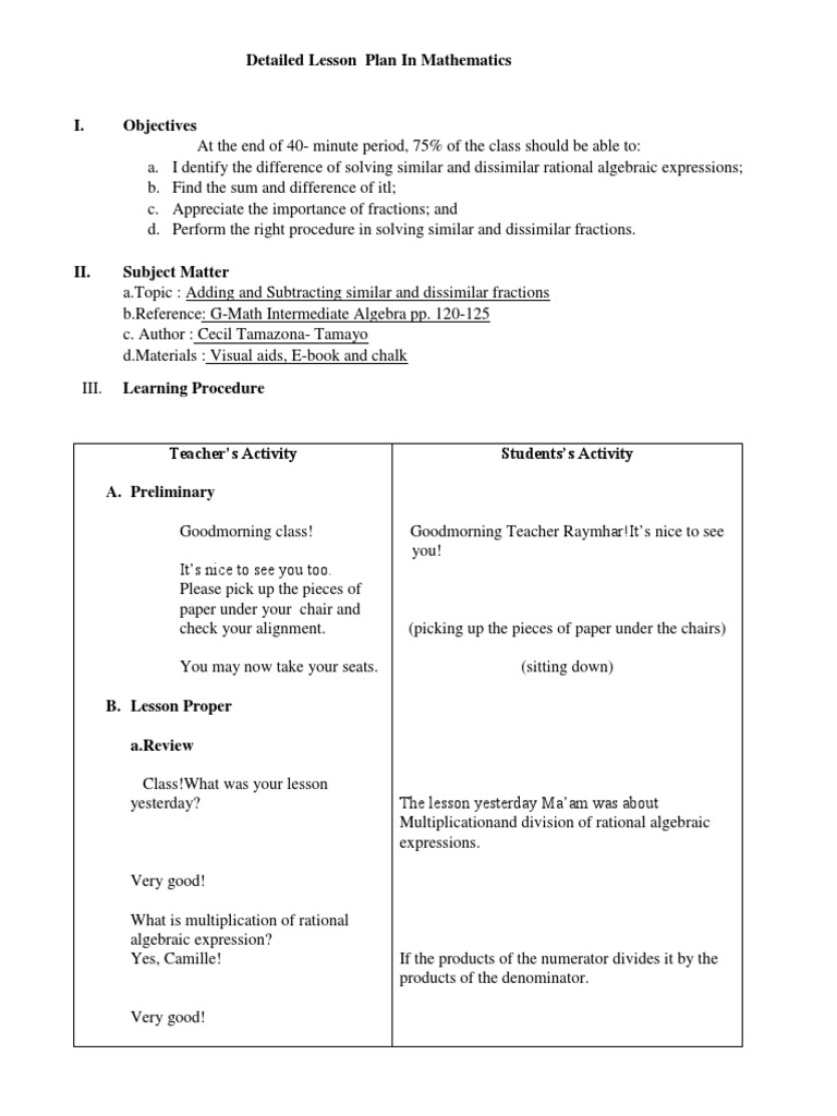Detailed Lesson Plan in Mathematics | PDF | Fraction (Mathematics ...