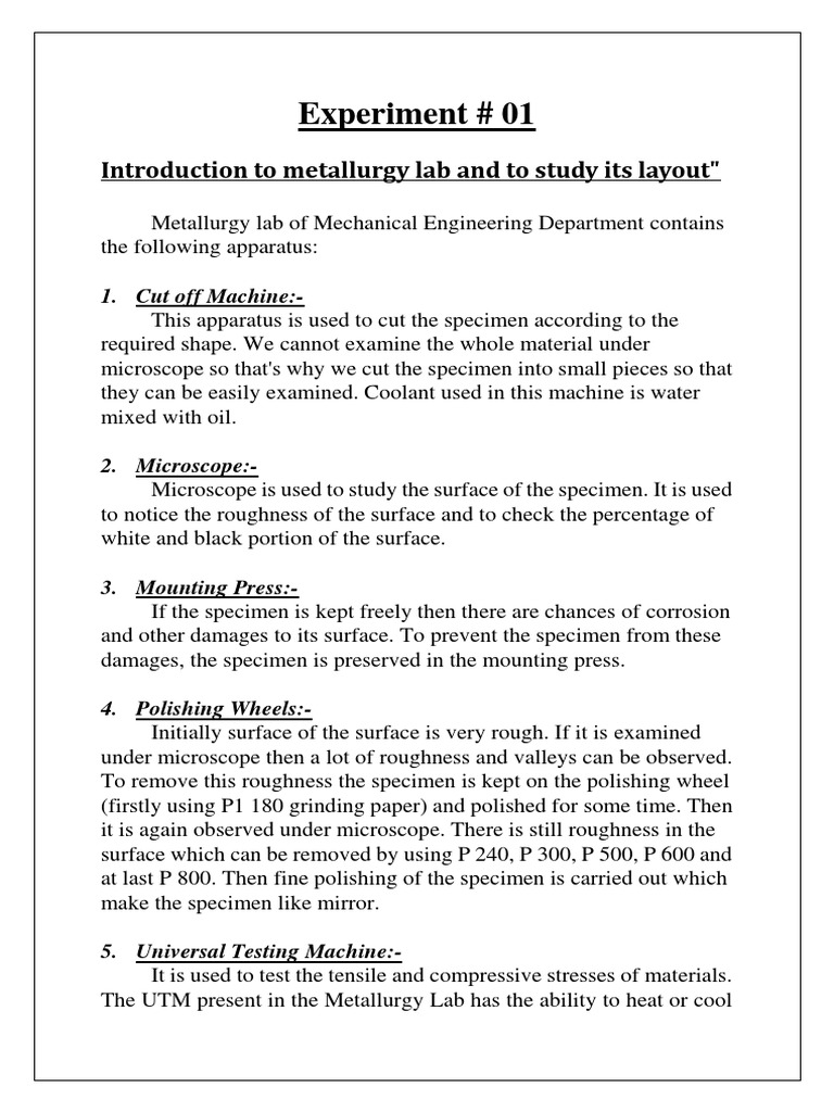 Experiment # 01: Introduction To Metallurgy Lab and To Study Its Layout ...