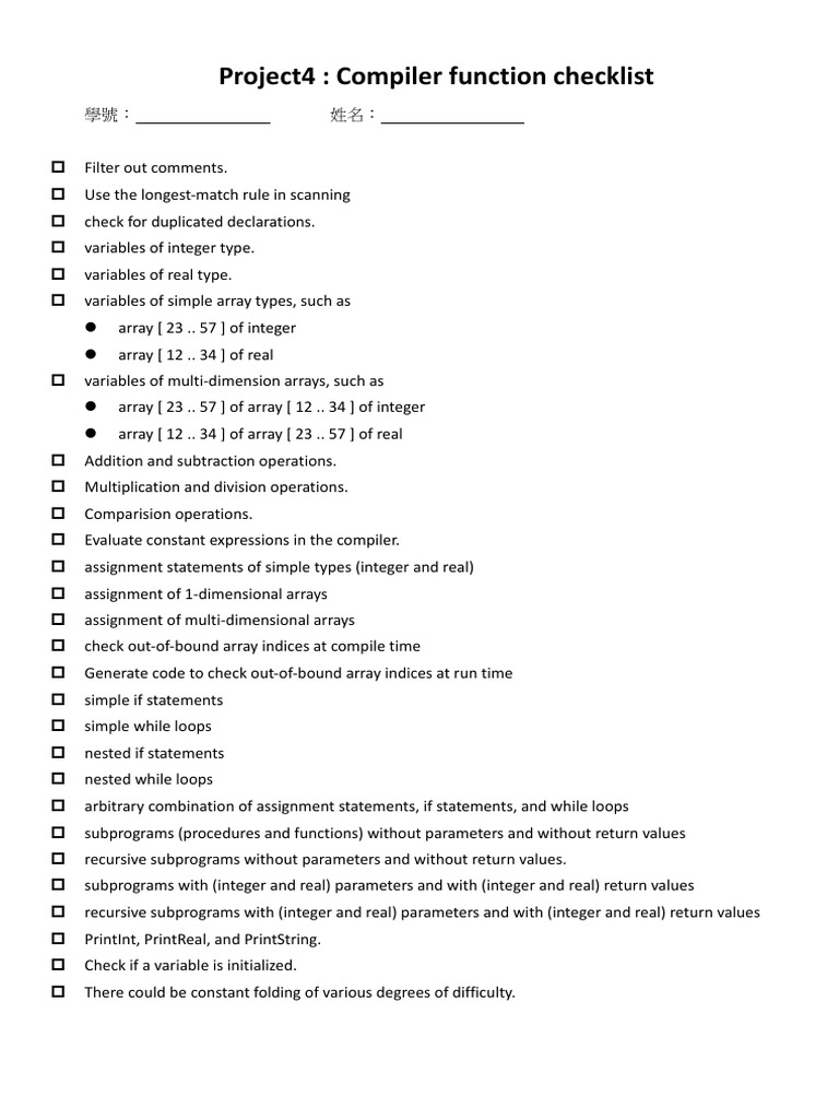 Project4: Compiler Function Checklist | PDF