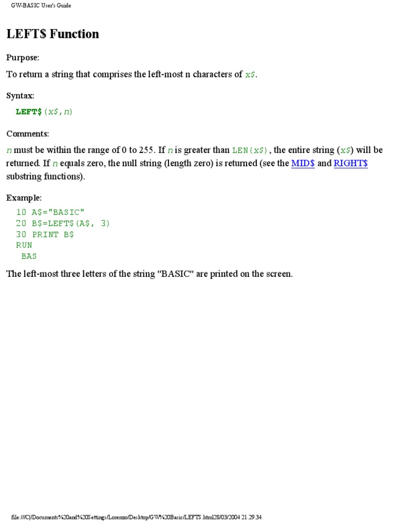 LEFT$ Function: Purpose | PDF | Teaching Methods & Materials | Science ...