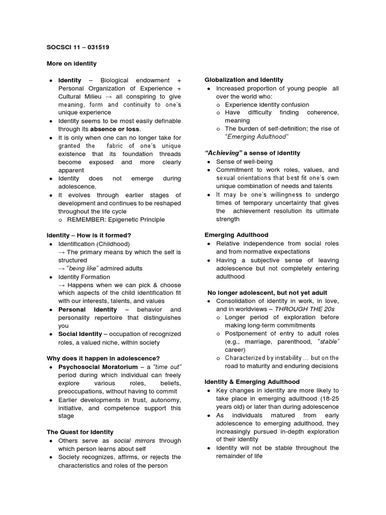 "Emerging Adulthood": "Achieving" A Sense of Identity | PDF | Identity ...