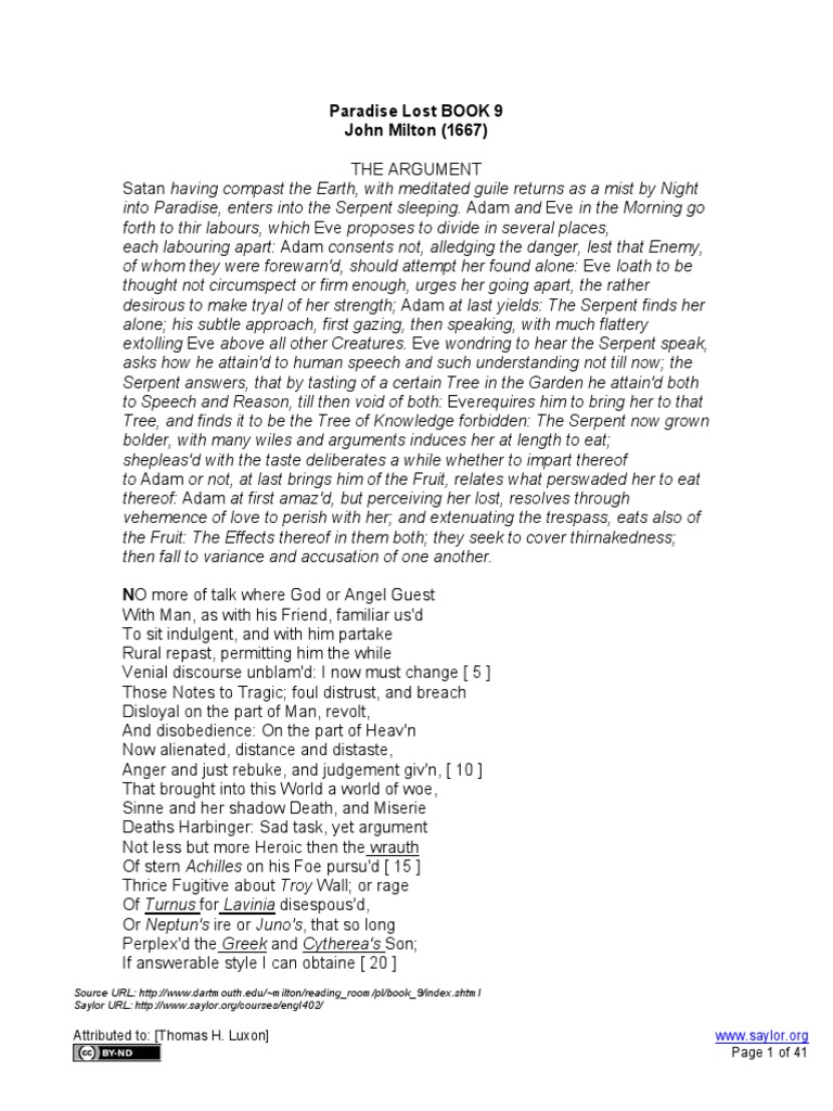 Summary of Paradise Lost Book 9 | PDF | Adam | Adam And Eve