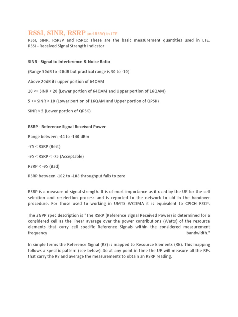 Understanding LTE Signal Metrics: RSSI, SINR, RSRP, RSRQ | PDF ...