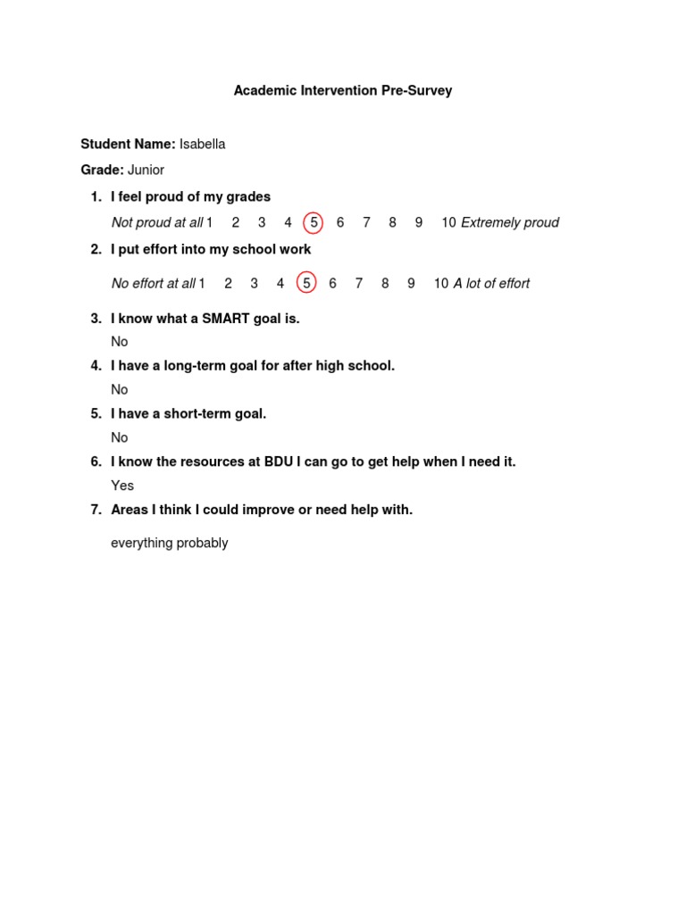Academic Intervention Pre-Survey | PDF