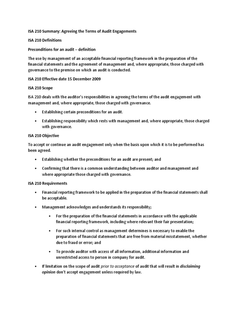 ISA 210 Summary | PDF | Financial Audit | Auditor's Report