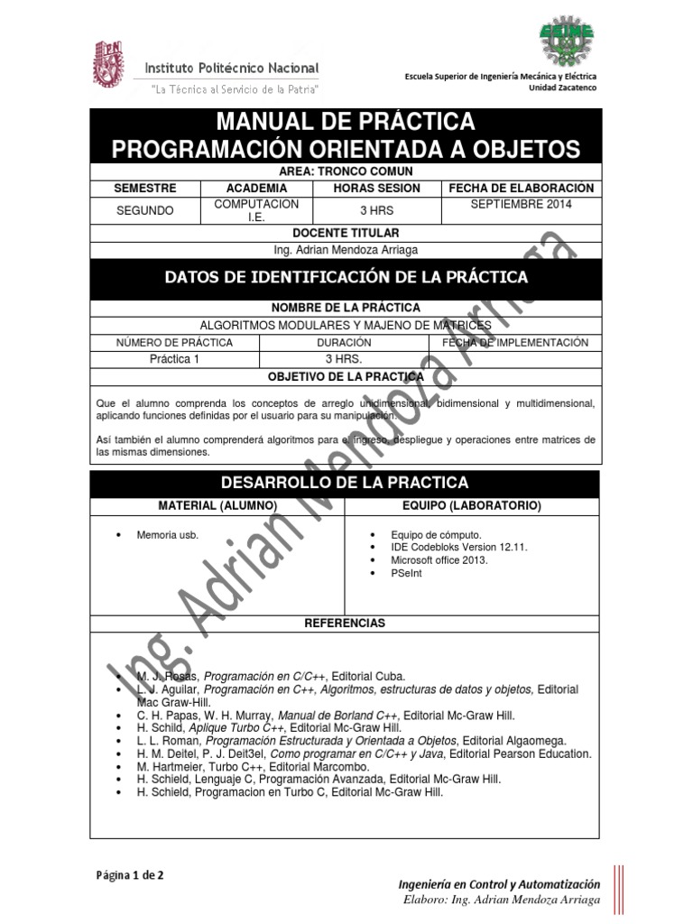 Manual Practica 1 Programacion Orientada A Objetos | PDF | Estructura de datos de matriz | C ...