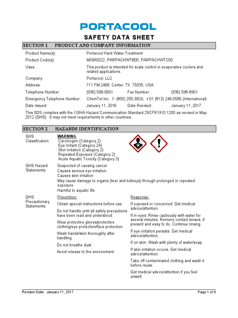 SDS - Portablecool Hard Water Treatment | PDF | Mutagen | Toxicity