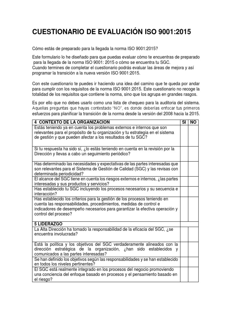 CUESTIONARIO DE EVALUACIÓN ISO 9001 versión 2105.docx | Planificación ...