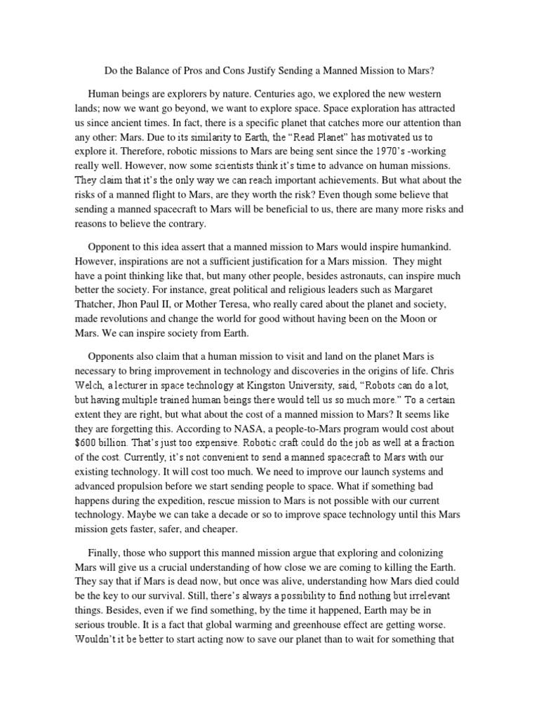 Sending A Manned Mission To Mars - ESSAY | PDF | Mars | Astronautics