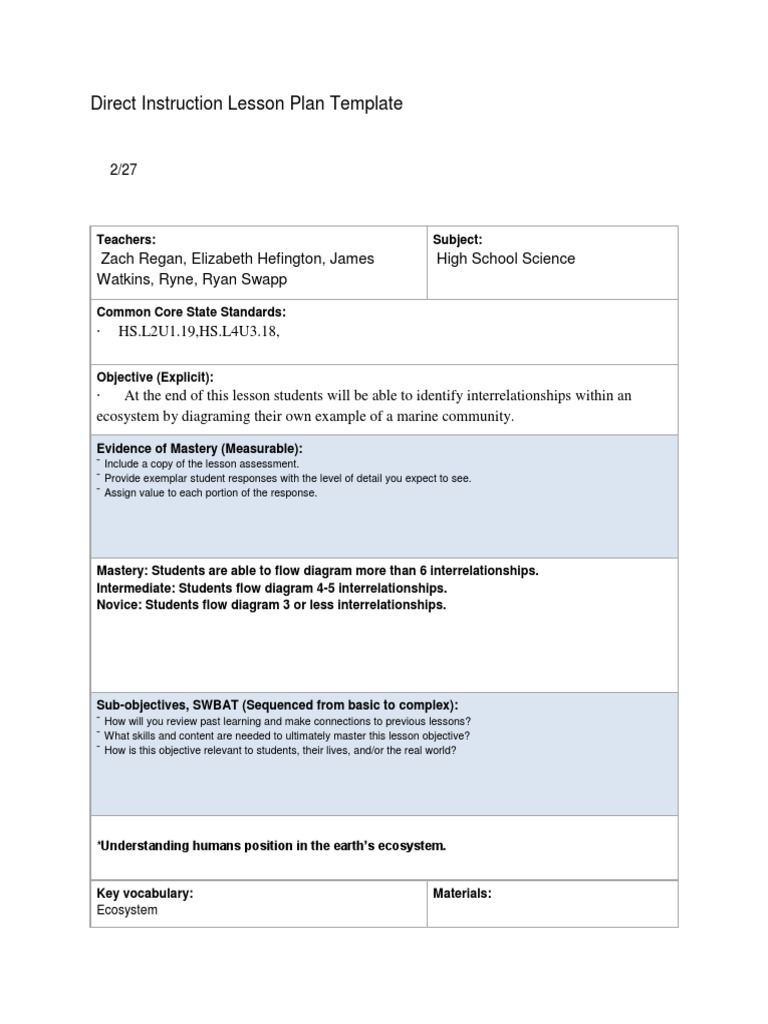 Direct Instruction Lesson Plan Template | Download Free PDF ...