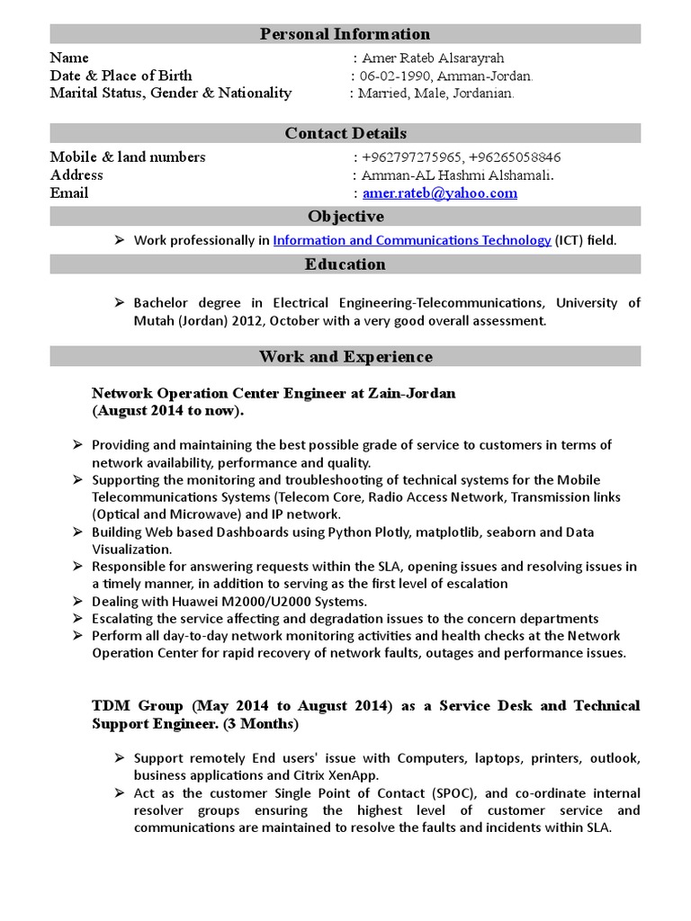 Amer Alsarayrah-Network and Telecom Engineer | Download Free PDF | Telecommunication | Itil