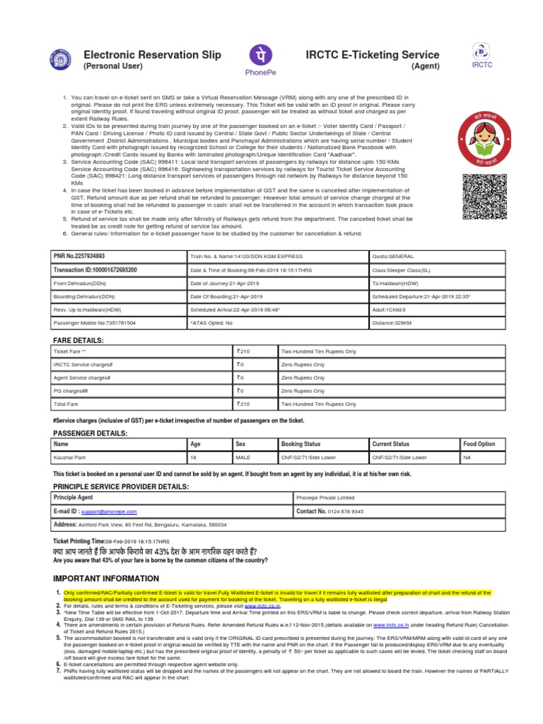 Electronic Reservation Slip IRCTC E-Ticketing Service: (Personal User ...