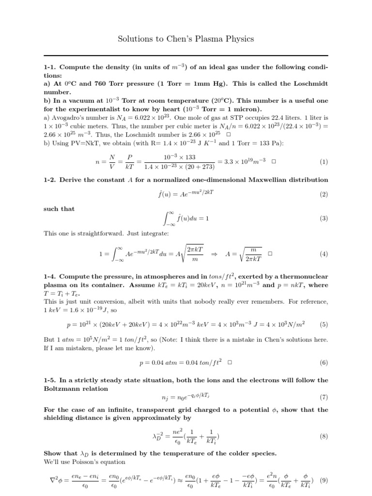 Solutions to Plasma Physics Problems | PDF | Gases | Plasma (Physics)