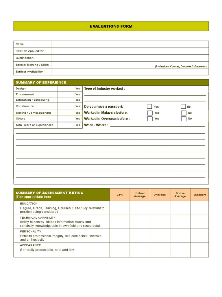 Evaluations Form: Summary of Experience | PDF | Behavior Modification | Cognition