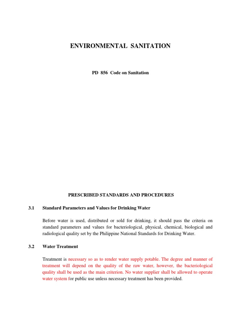 Environmental Sanitation: PD 856 Code On Sanitation | PDF | Sanitary ...