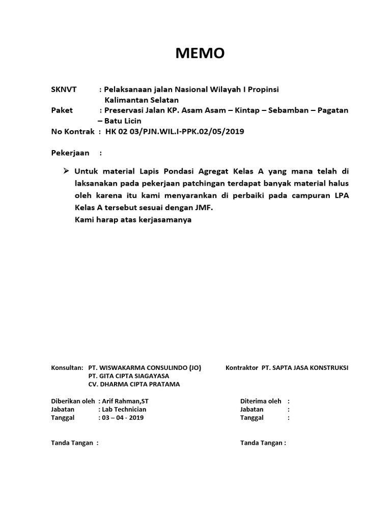 Memo Pelaksanaan Proyek Jalan Nasional | PDF | Sains & Matematika ...