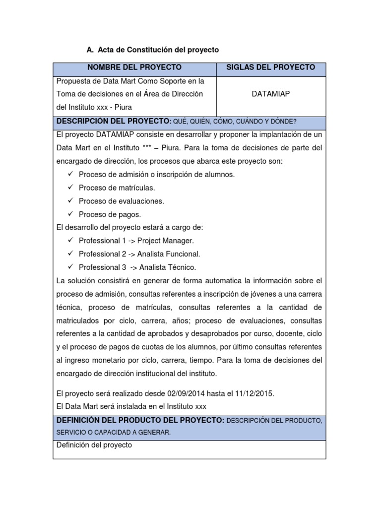Acta de Constitución Del Proyecto | PDF | Microsoft Excel | Presupuesto